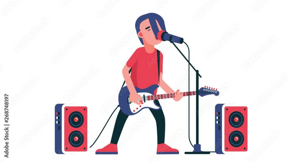 Rock singer with an electric guitar sings into microphone on stage ...