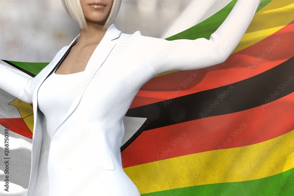 pretty business woman holds Zimbabwe flag in hands behind her back on ...