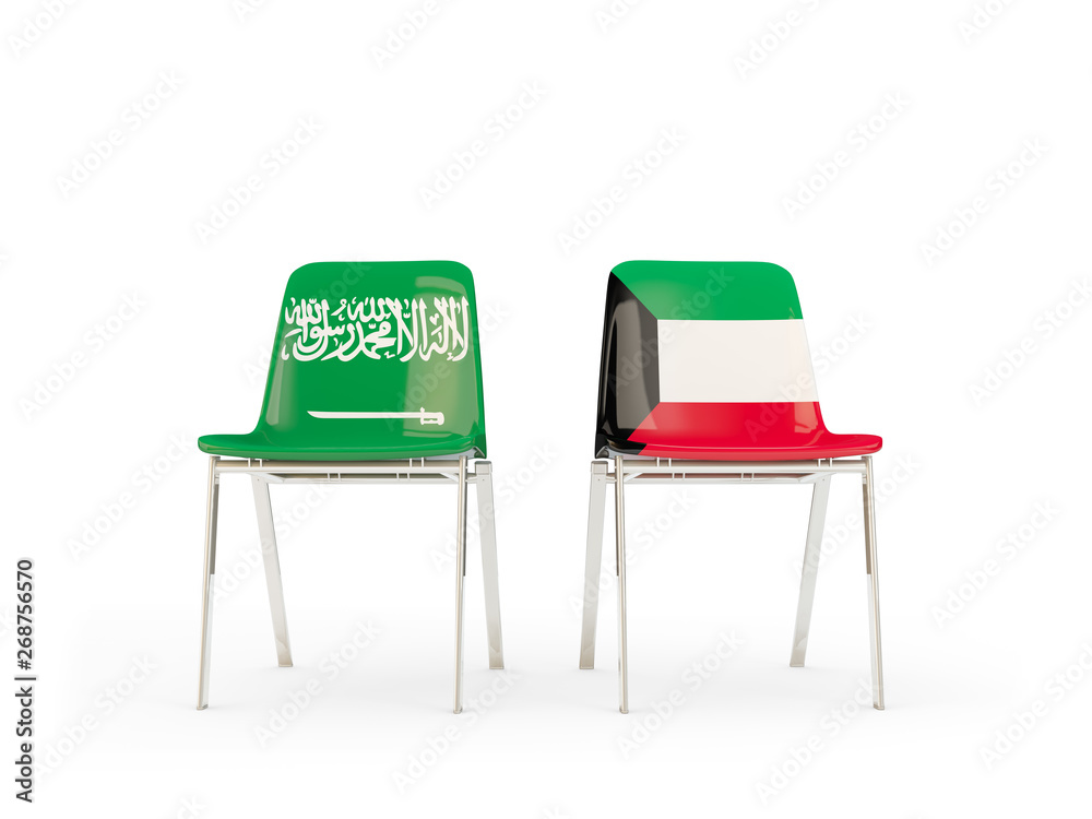 Two chairs with flags of Saudi Arabia and kuwait isolated on white ...
