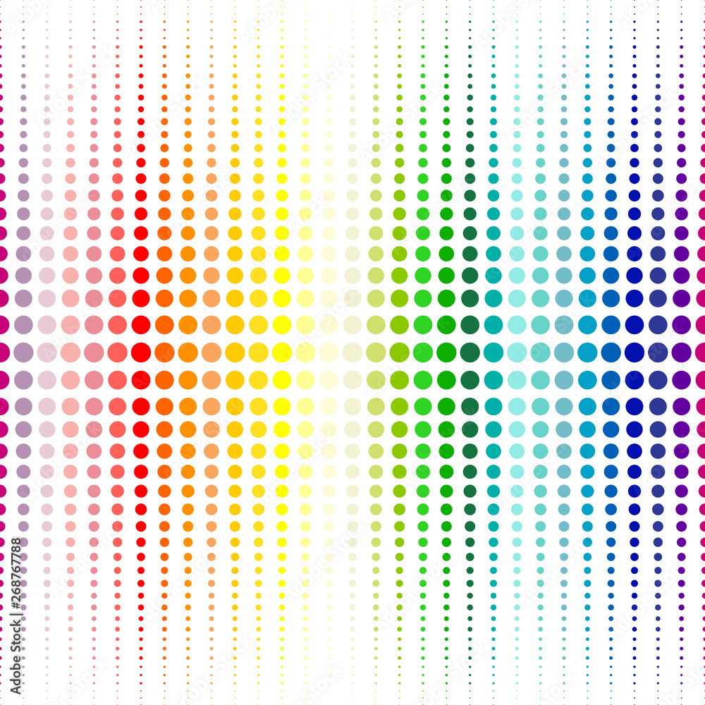 colorful dots from huge centre to tiny upper and lower margins. rainbow ...