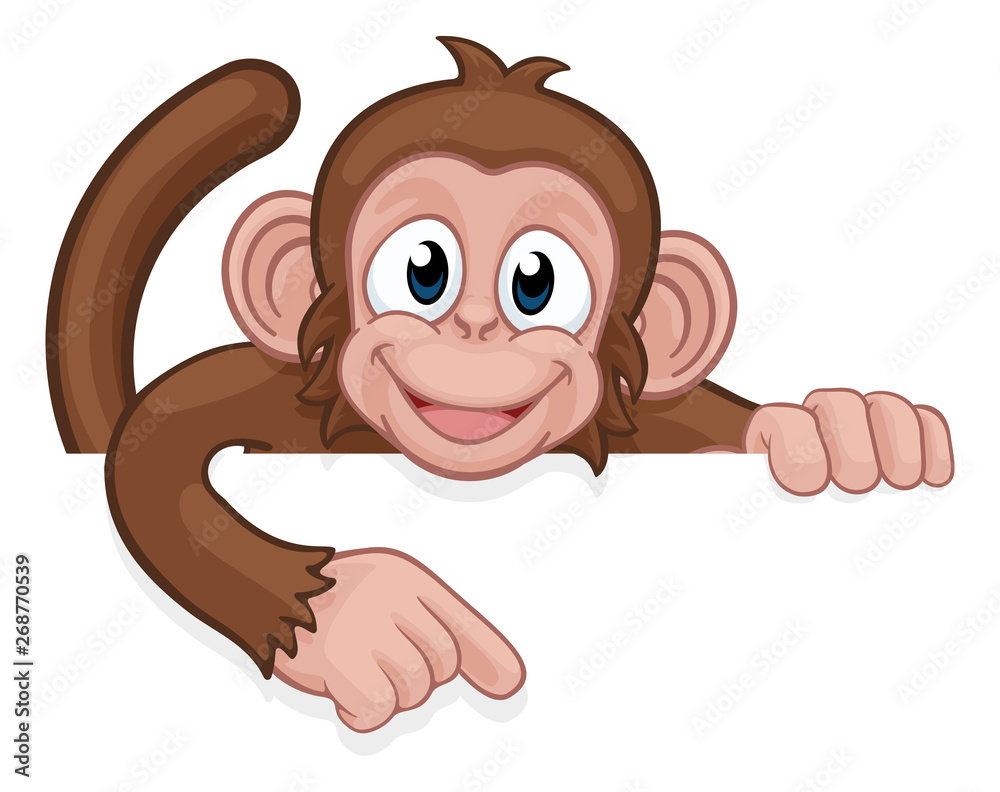 A monkey cartoon character animal peeking over a sign and pointing at ...