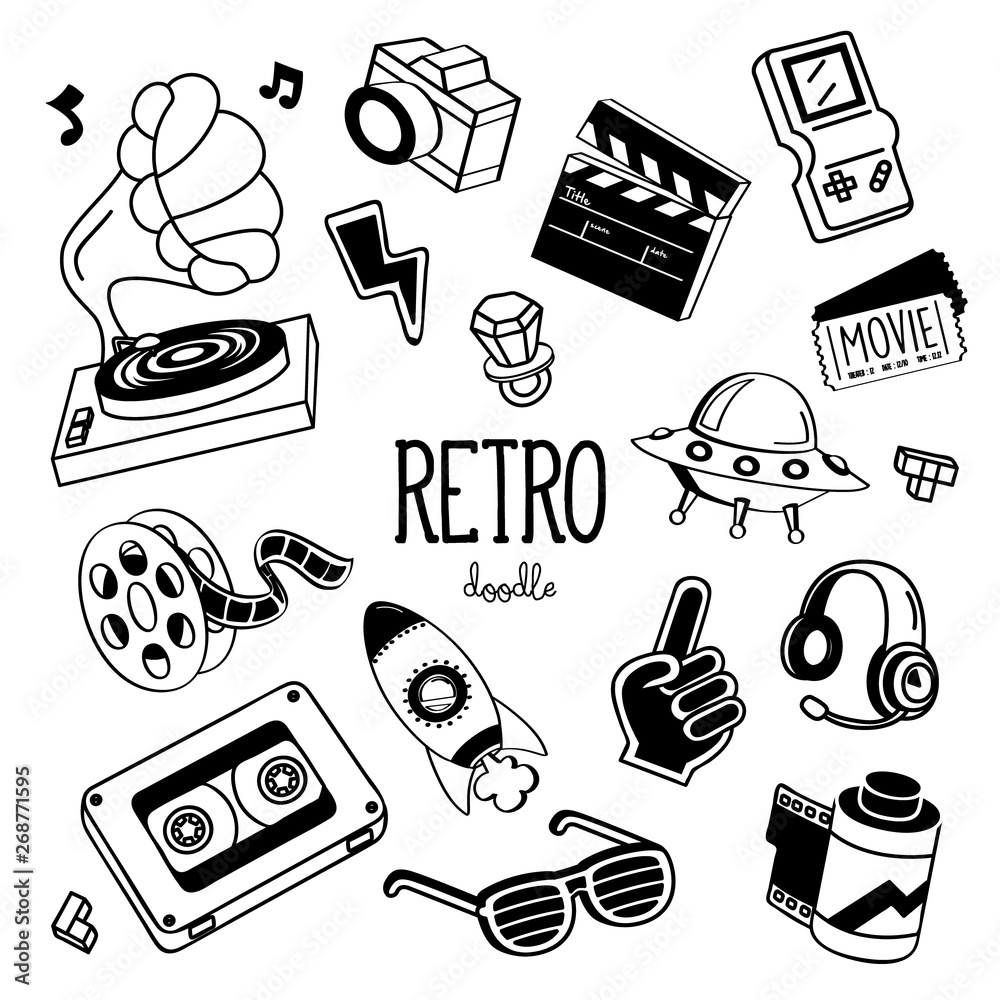 Hand drawing styles for retro items. Doodle 90's retro item. Stock ...