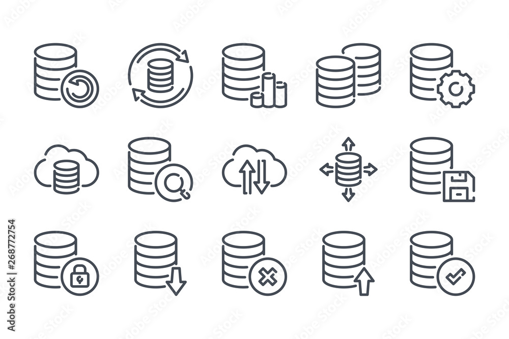Vetor de Data storage and database related line icon set. Backup linear ...