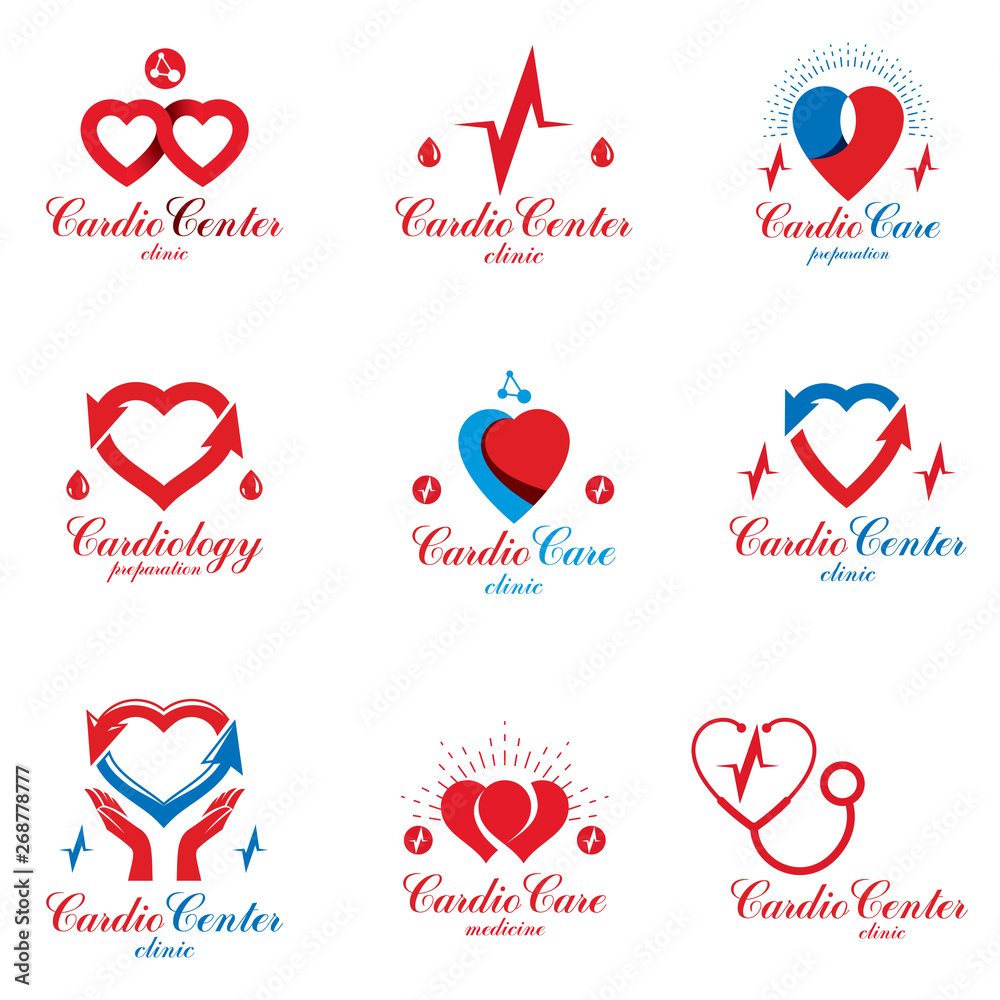 Collection of cardiology medical care vector emblems can be used in ...