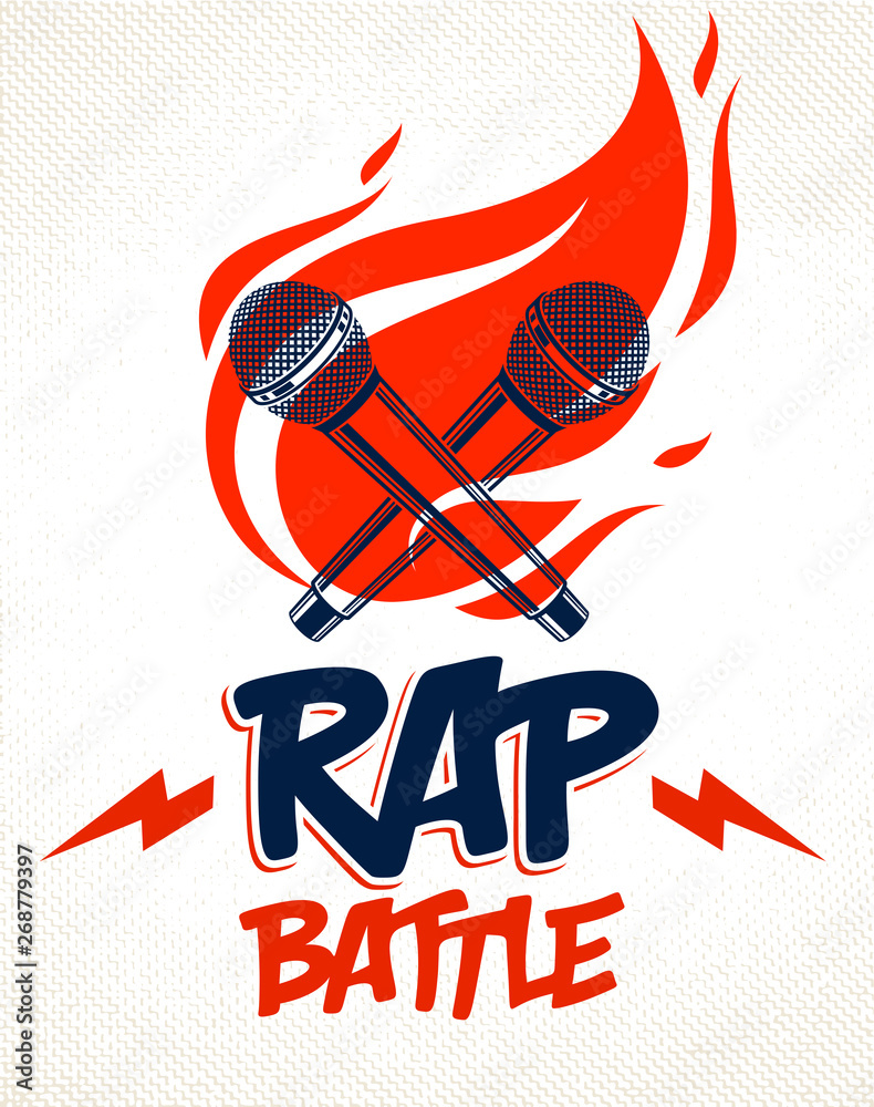 Rap Battle vector logo or emblem with two microphones crossed and fire ...