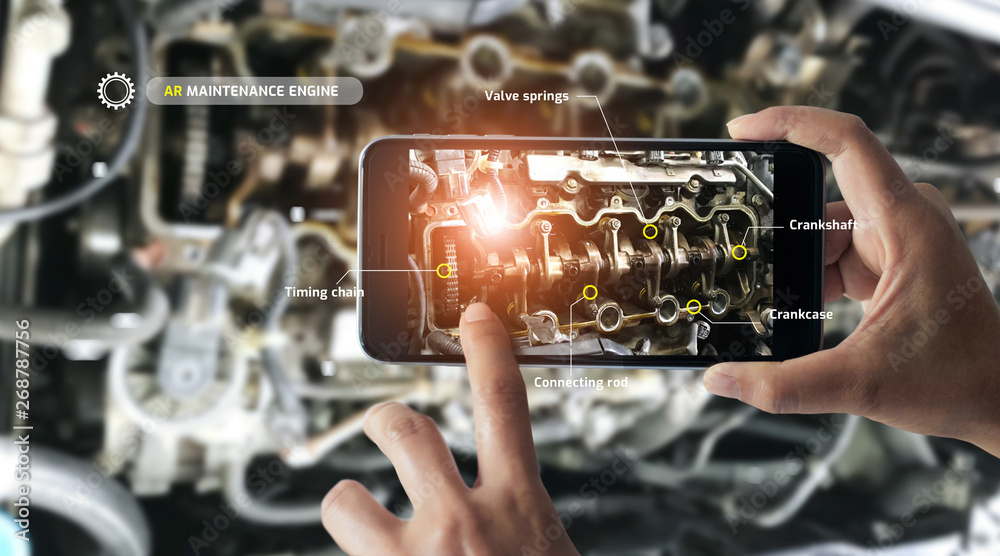 Augmented reality concept. AR. Industrial 4.0 , Hand of engineer ...