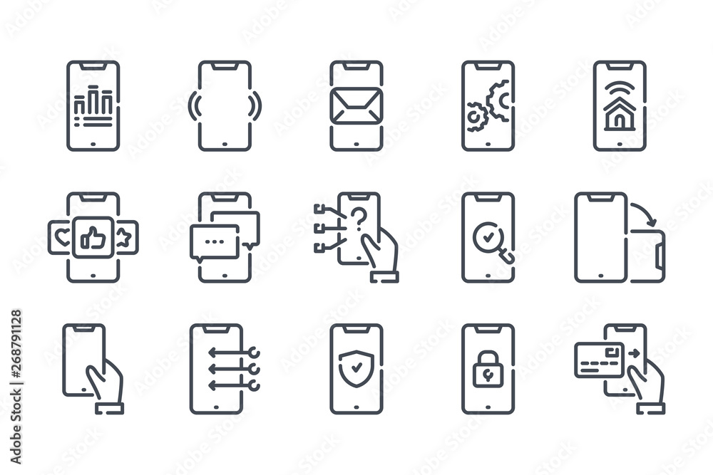 Smartphone services related line icon set. Mobile phone linear icons ...