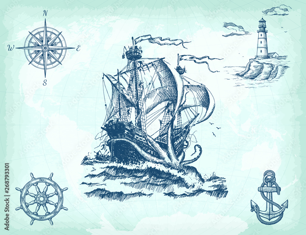 Abstract hand drawn background with vintage sailing ship, compass, lighthouse, ship wheel ...