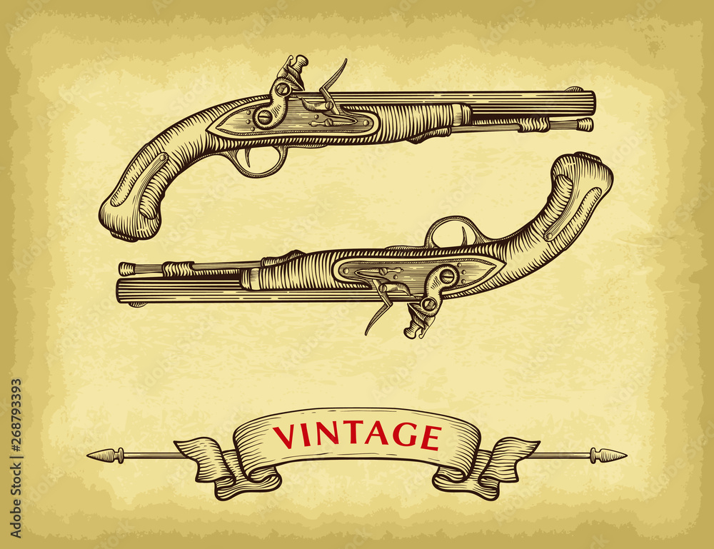 Hand drawn vintage pistols on old paper texture background. Template ...