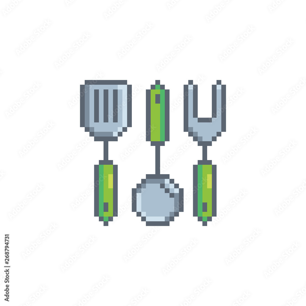 Pixel art kitchen utensils icon. Kitchen utensils vector sign for web ...