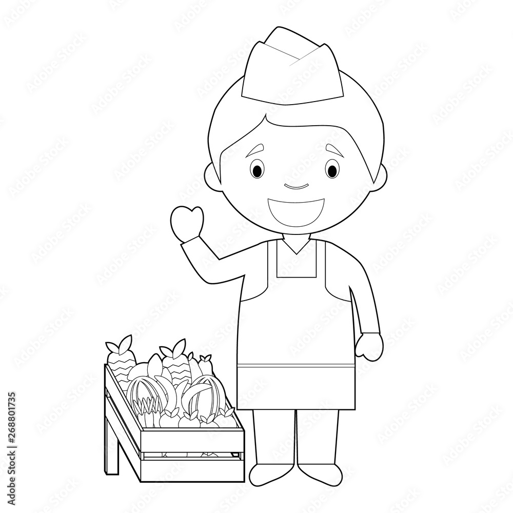 Easy coloring cartoon vector illustration of a fruit seller. Stock ...