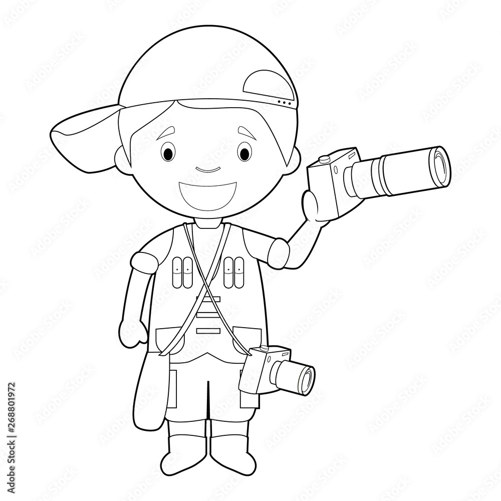 Easy coloring cartoon vector illustration of a photographer. Stock ...