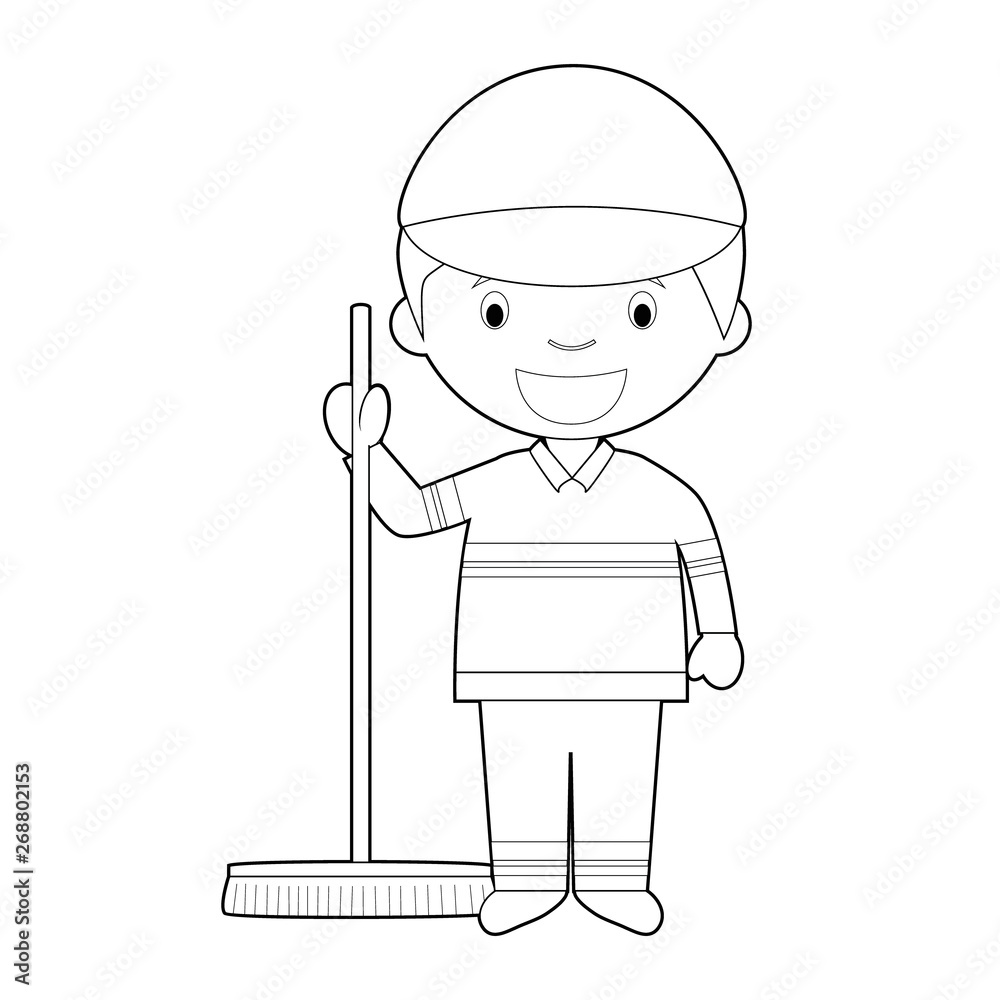 Easy coloring cartoon vector illustration of a sweeper. Stock Vector ...