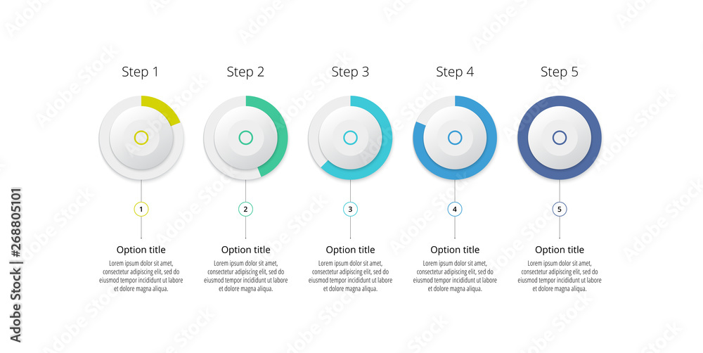 Business process chart infographics with 5 step circles. Circular ...