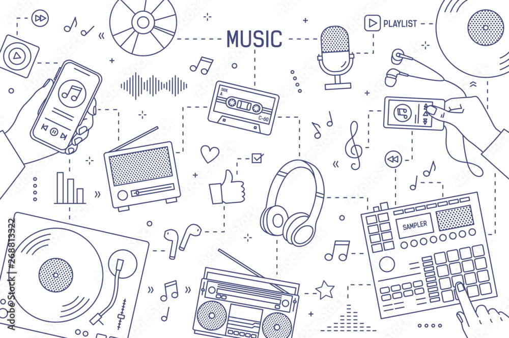 Monochrome horizontal banner template with hands and devices for music ...