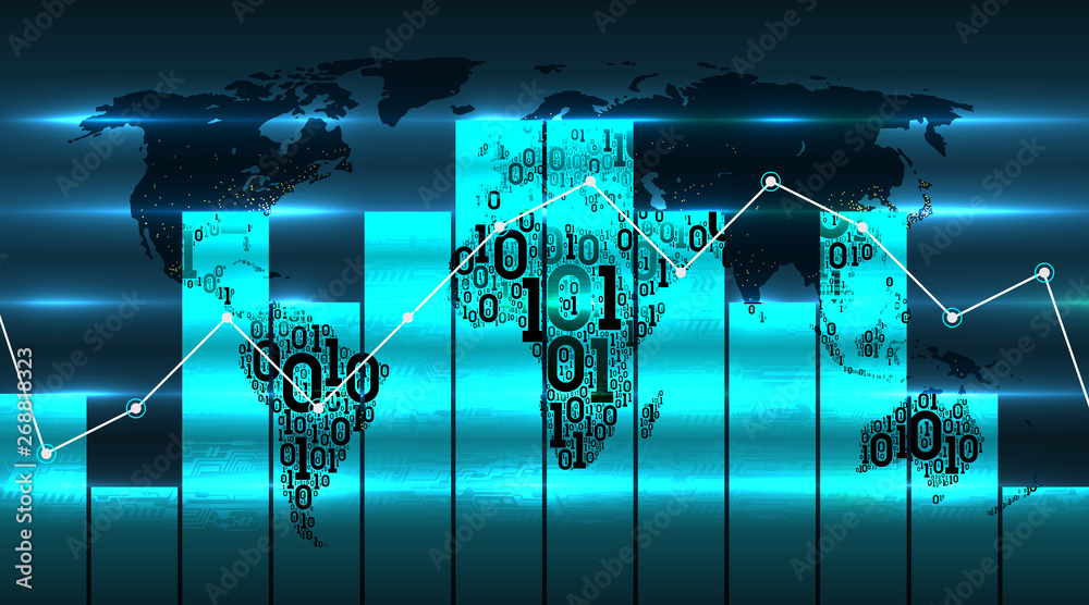 World map graph chart and diagram, on background of future digital ...
