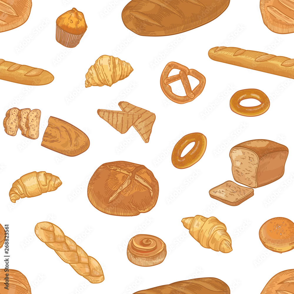Elegant seamless pattern with different types of delicious bread or ...