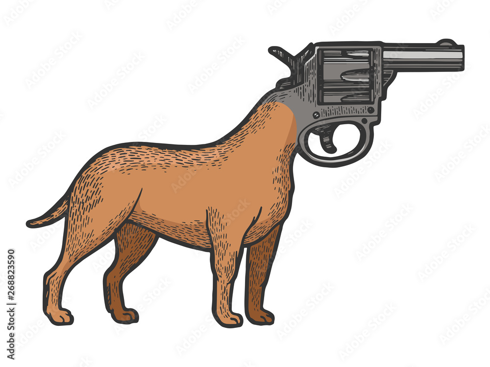 Revolver gun dog head color sketch line art engraving vector ...