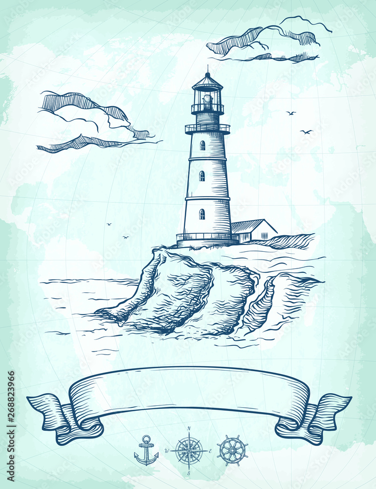 Ship And Lighthouse Drawing