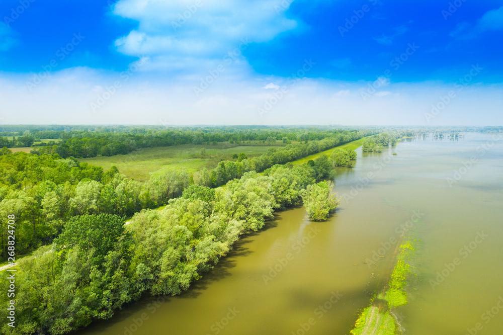 Sava river from air, landscape in nature park Lonjsko polje, Croatia ...