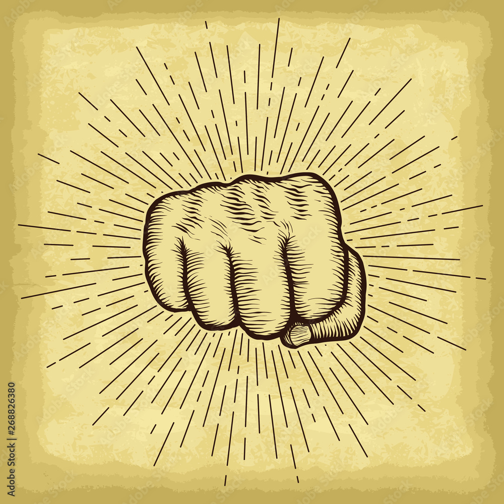 Hand drawn hand gesture. Fist on old craft paper texture background ...