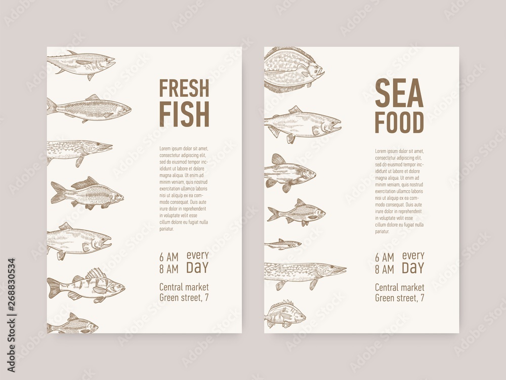 Bundle of flyer templates with fish and place for text. Cards with ...