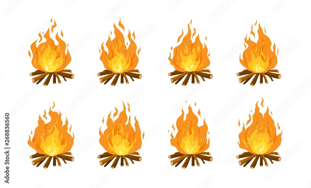 Collection Of Burning Bonfires Or Campfires Isolated On White