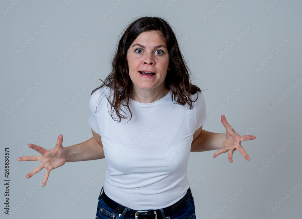 Human expressions and emotions. Desperate young attractive woman with ...