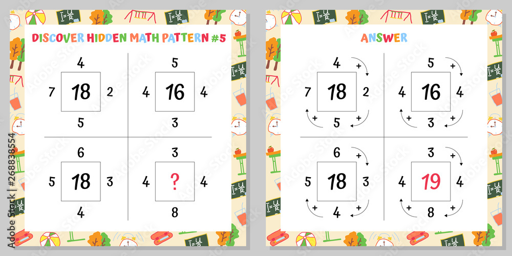 Poster Discover Hidden Math Pattern Educational Game Worksheet Set ...