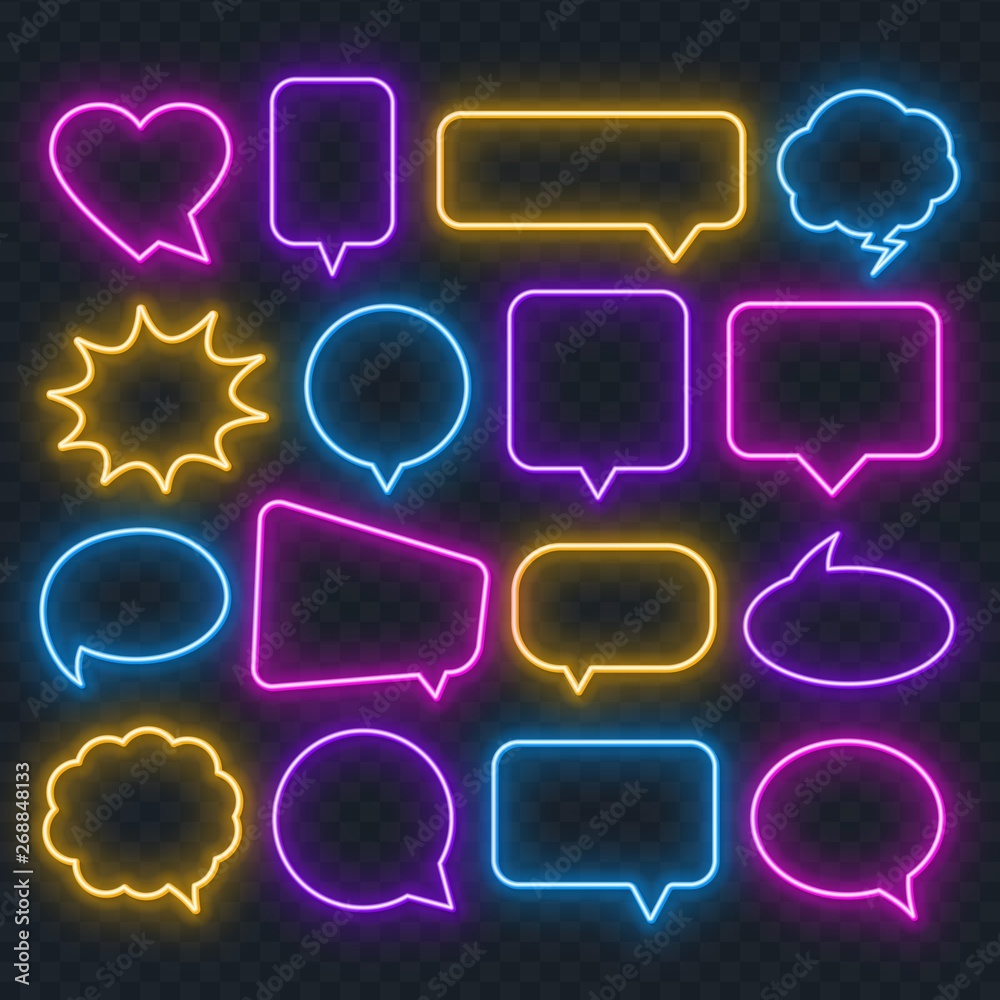 Neon speech bubble on a transparent background. Bright light frames for ...