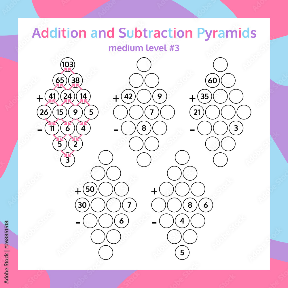 Addition and Subtraction Pyramid Set. Educational Math Game Worksheet ...