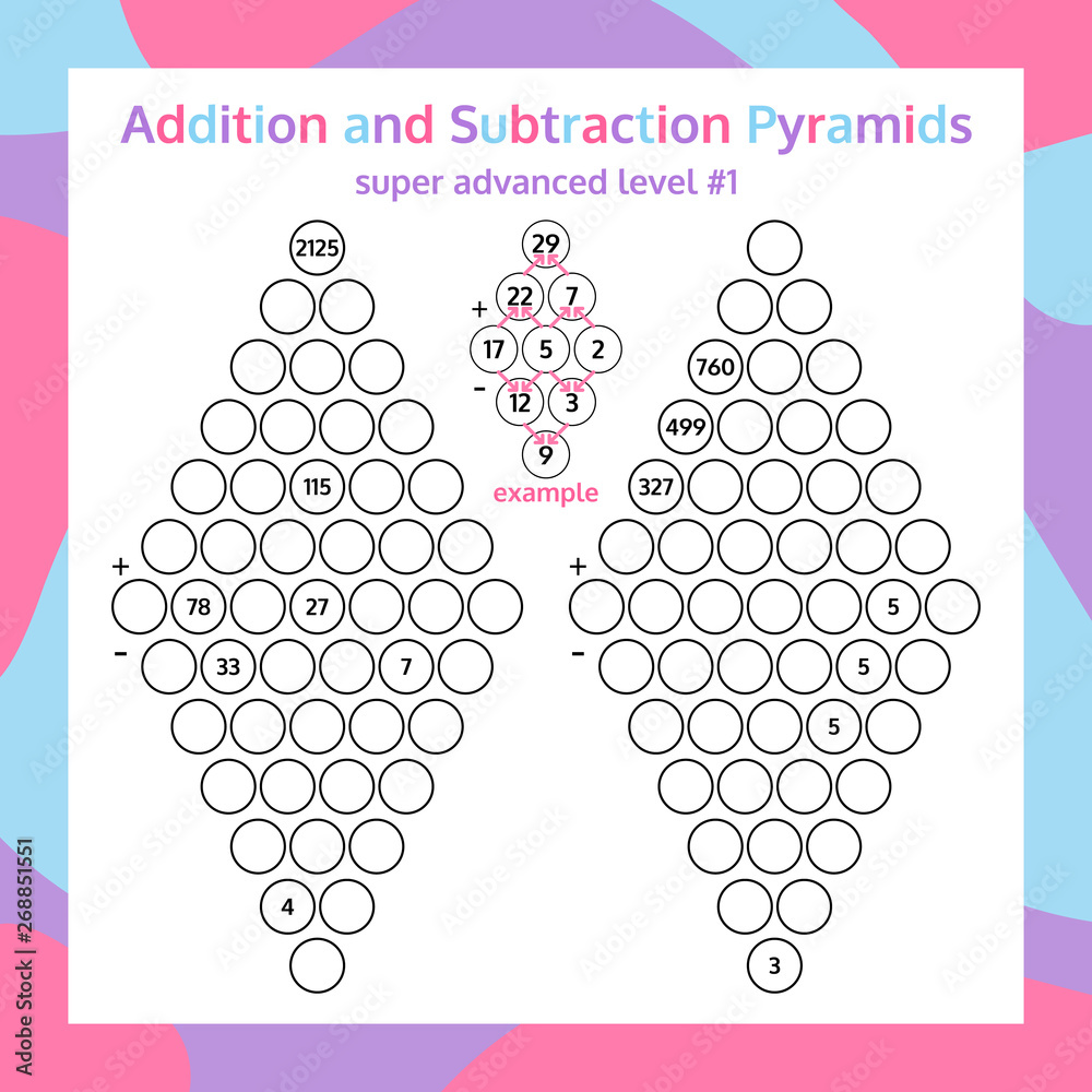 Addition and Subtraction Pyramid Set. Educational Math Game Worksheet ...
