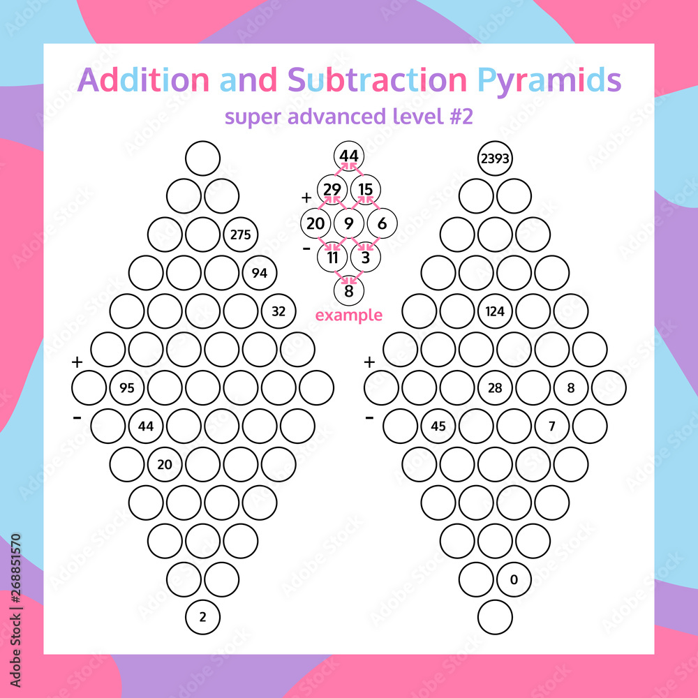 Addition and Subtraction Pyramid Set. Educational Math Game Worksheet ...
