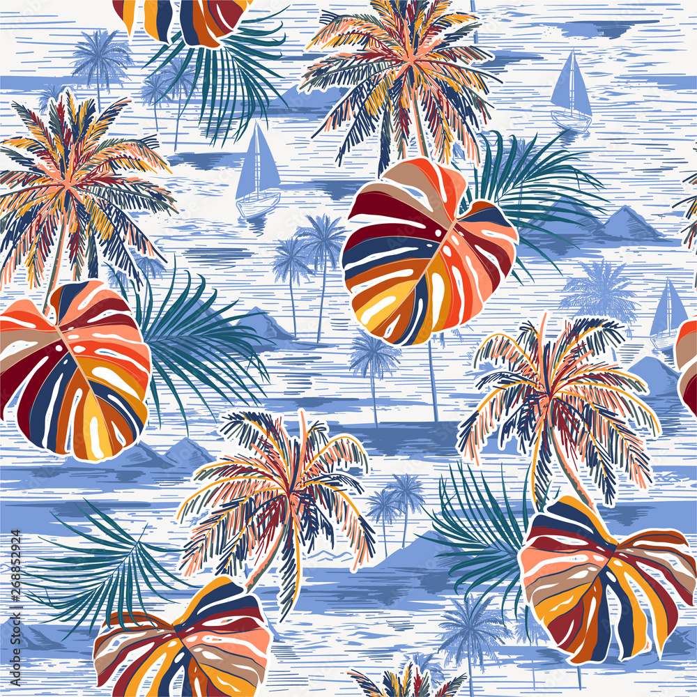 Trendy Beautiful seamless palm leaves island pattern on monotone ...