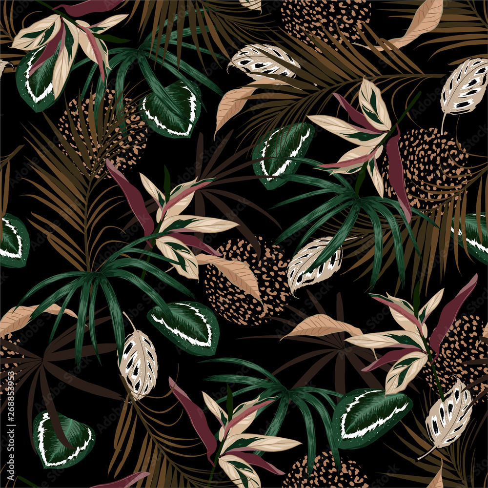 Dark Tropical jungle and colorful palm leaves, exotic palnts with ...