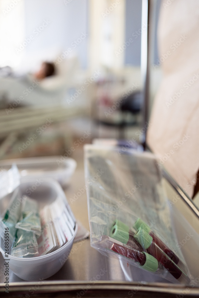 Blood collection tubes on a trolley in a hospital room Stock Photo ...