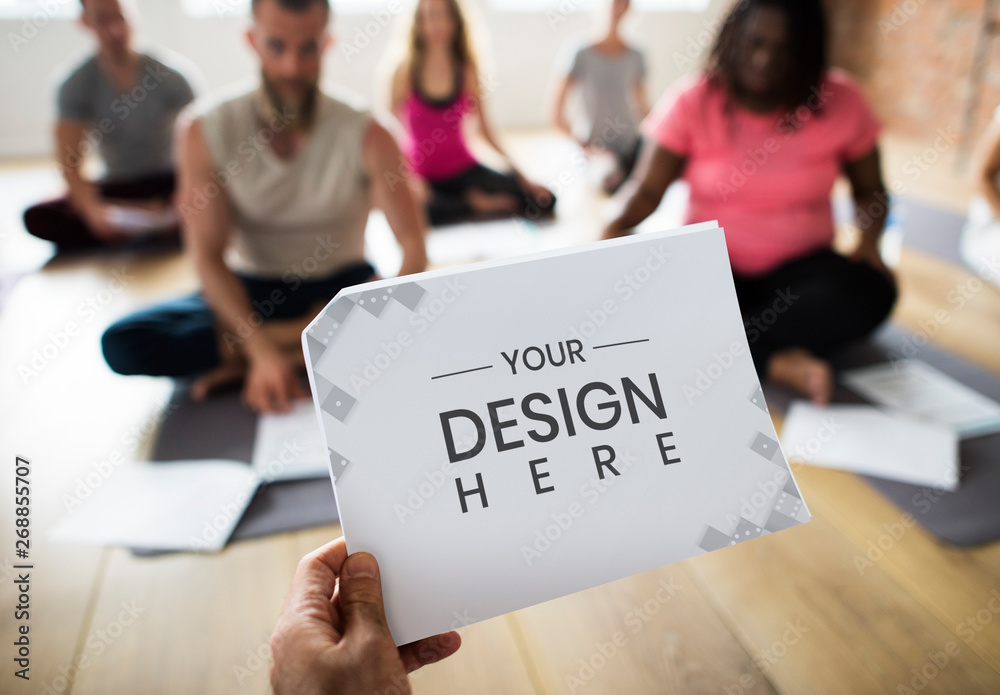 Trainer Holding Stapled Paper Mockup in Exercise Class Stock Template ...