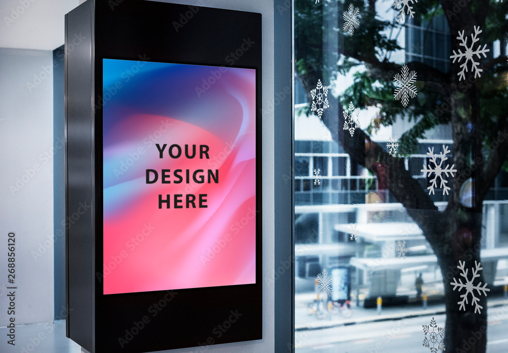 Mockup of Advertisement Sign Board with Snowflake Window Decorations ...