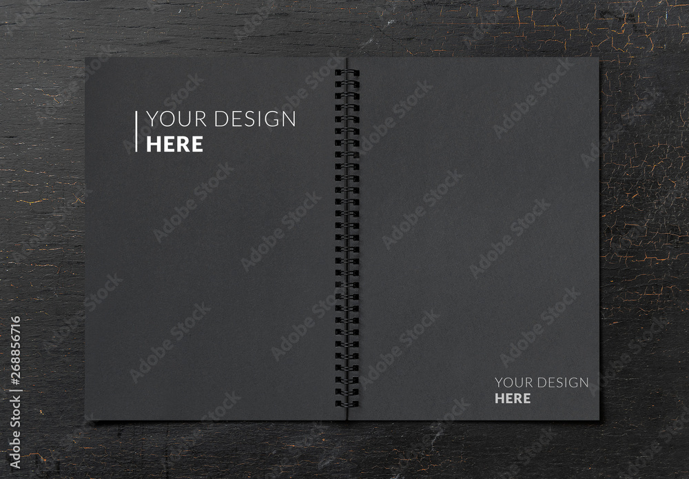 Open Notebook Mockup on a Black Table Stock Template | Adobe Stock