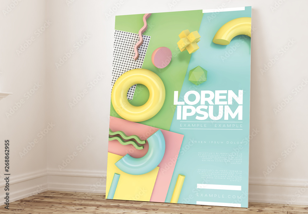 Pastel Poster Layout with 3D Geometric Shapes สต็อกเทมเพลต | Adobe Stock