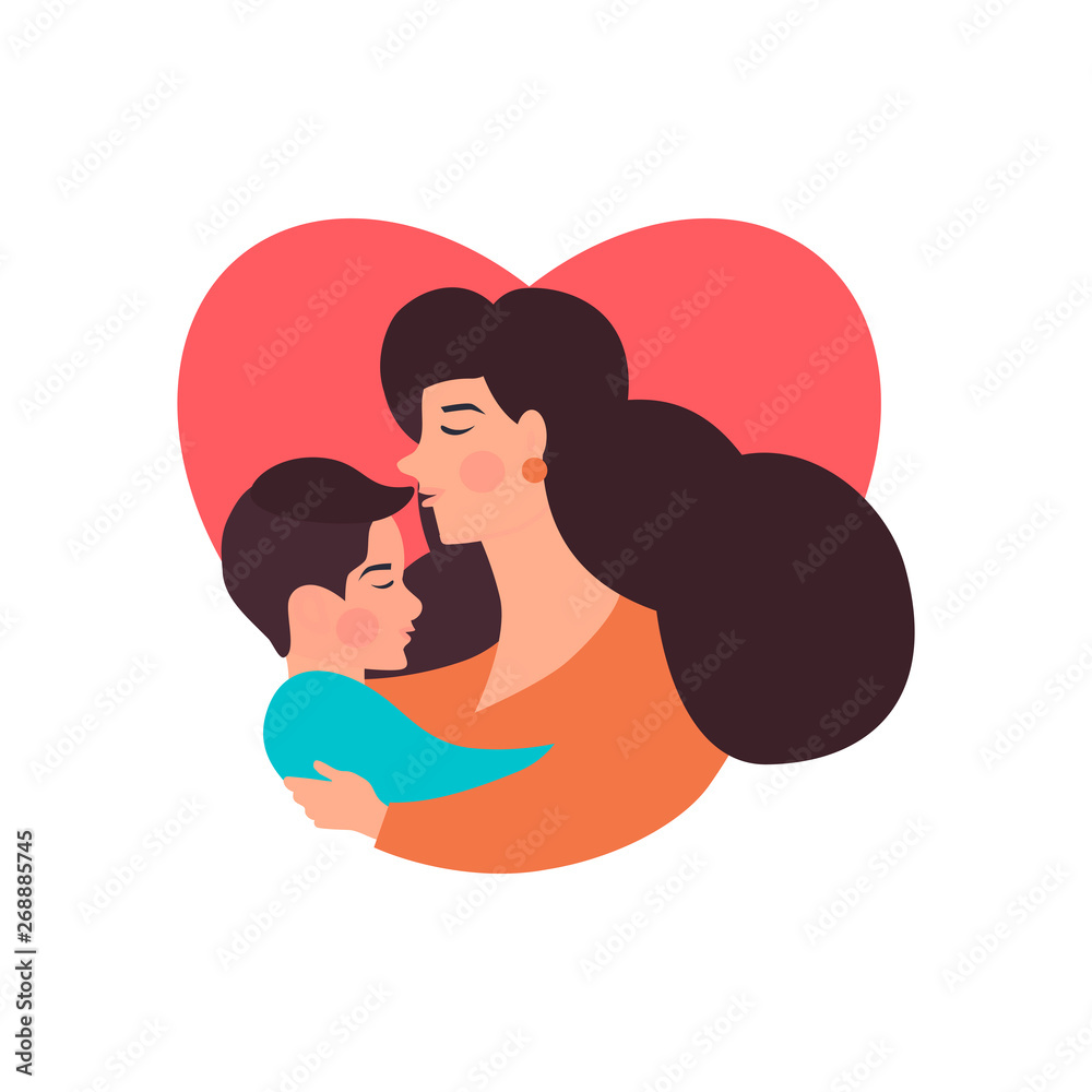 Mother and son hugging. Mother's day card about mother's love and care ...