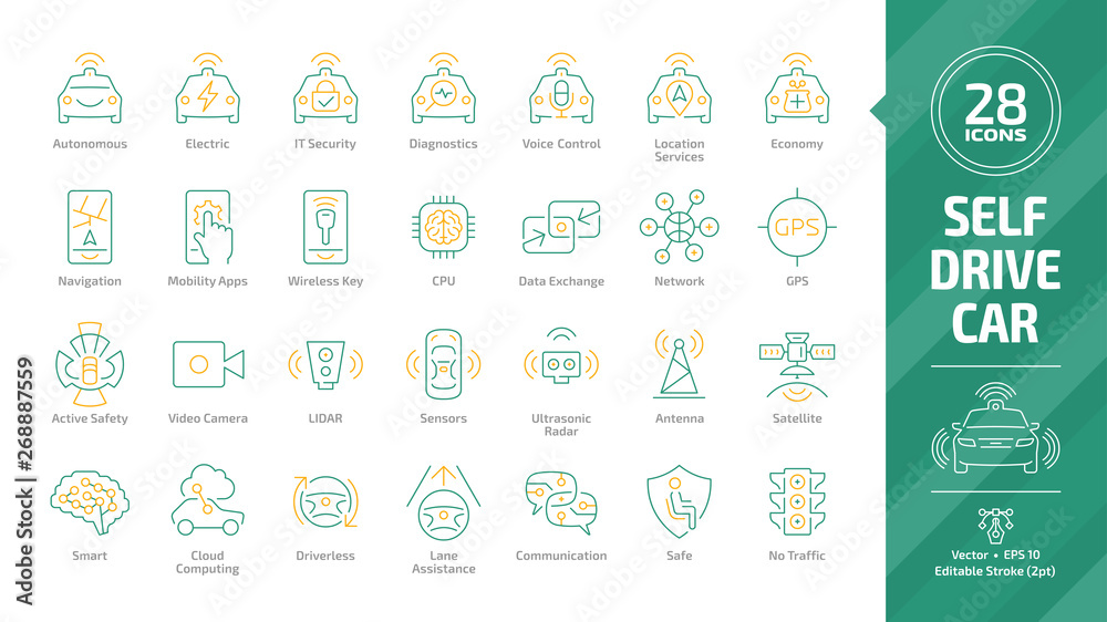 Self drive car outline icon set with driverless autonomous sensor smart ...