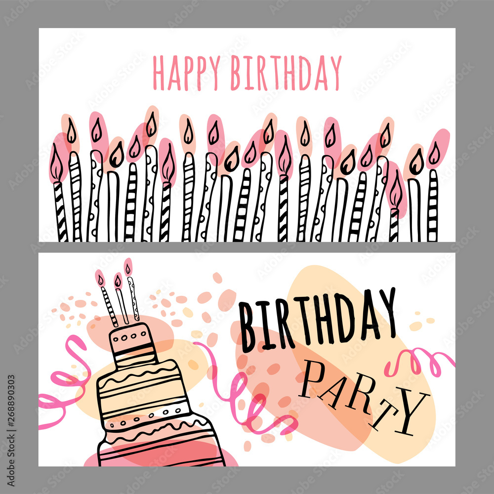 Set of two birthday card rectangular design templates. Hand drawn ...