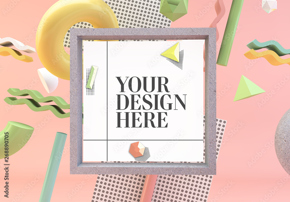 Frame Mockup on Pastel Background with 3D Geometric Shapes Stock ...