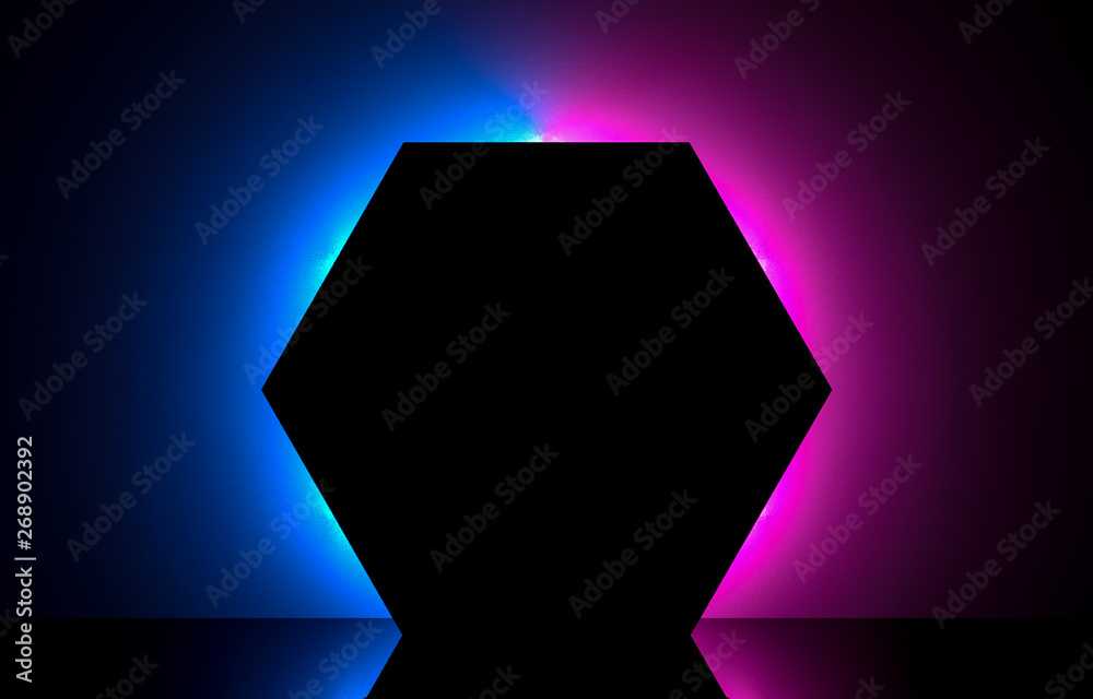 3d rendering. black empty hexagon shape space frame with blue pink neon ...