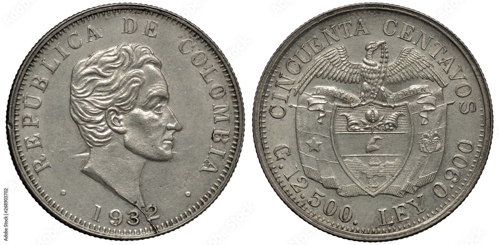 Colombia Colombian silver coin 50 fifty centavos 1932, Bolivar’s head ...