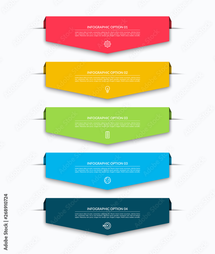 Infographic layout template with 5 arrows, labels, tags. Origami style ...