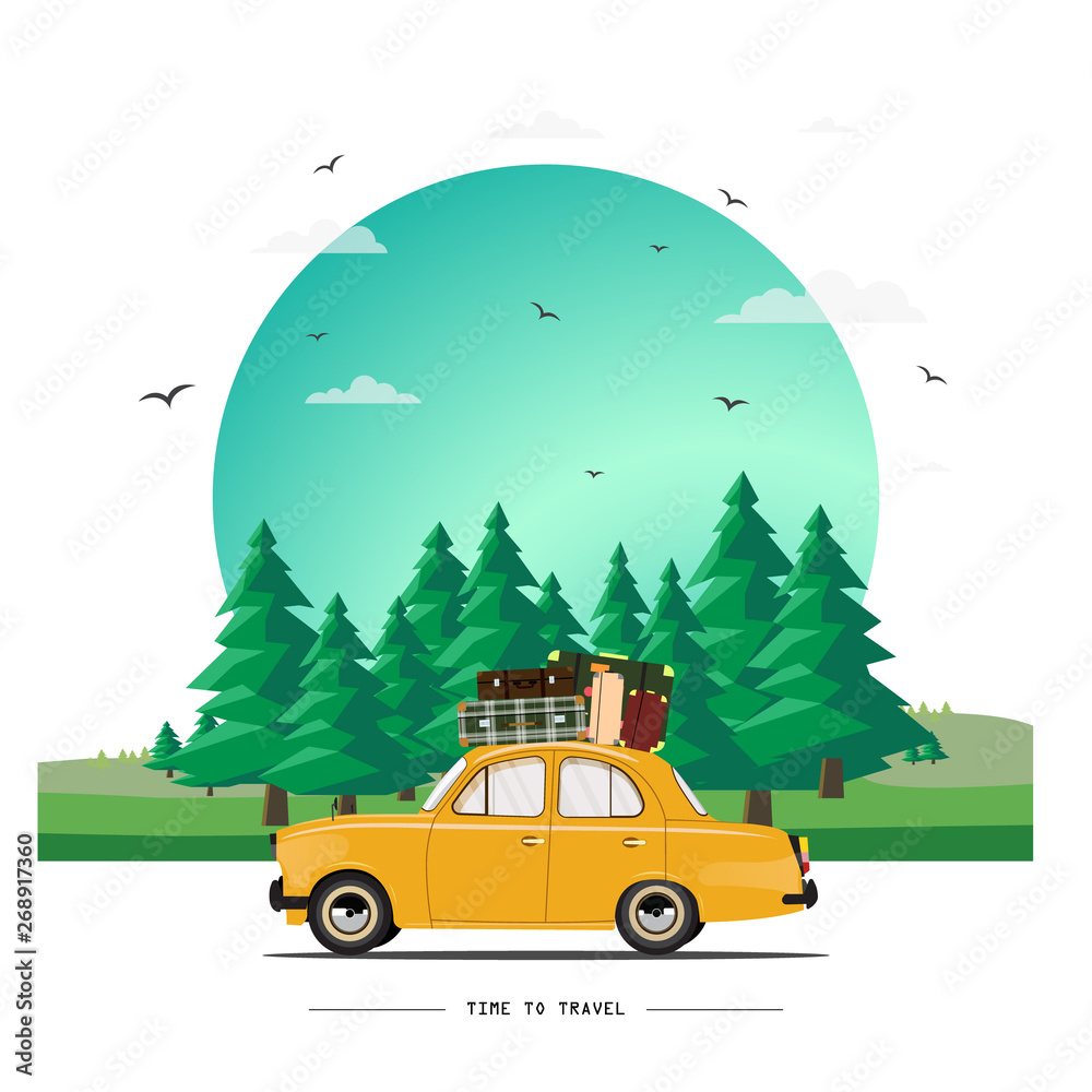 Travel to the forest by car. Road trip. Time to travel, tourism, summer ...