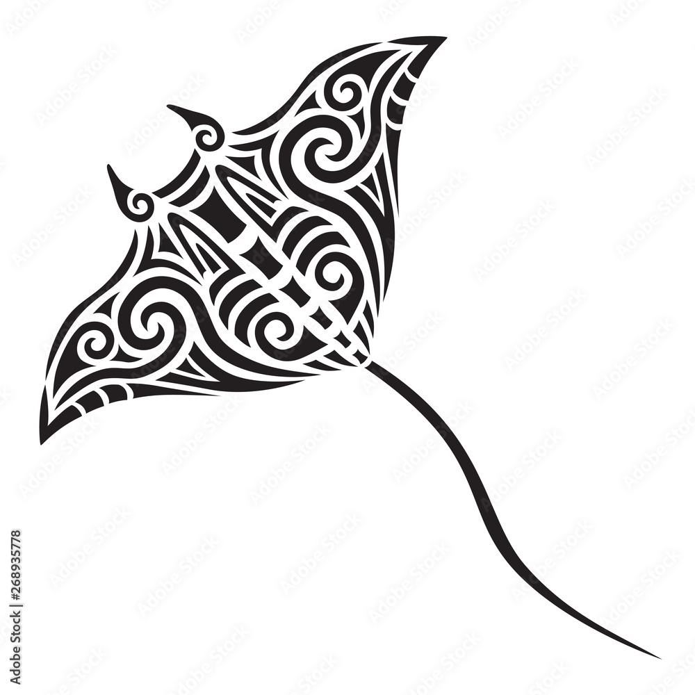 Vecteur Stock Manta Ray tattoo tribal stylised maori koru design ...
