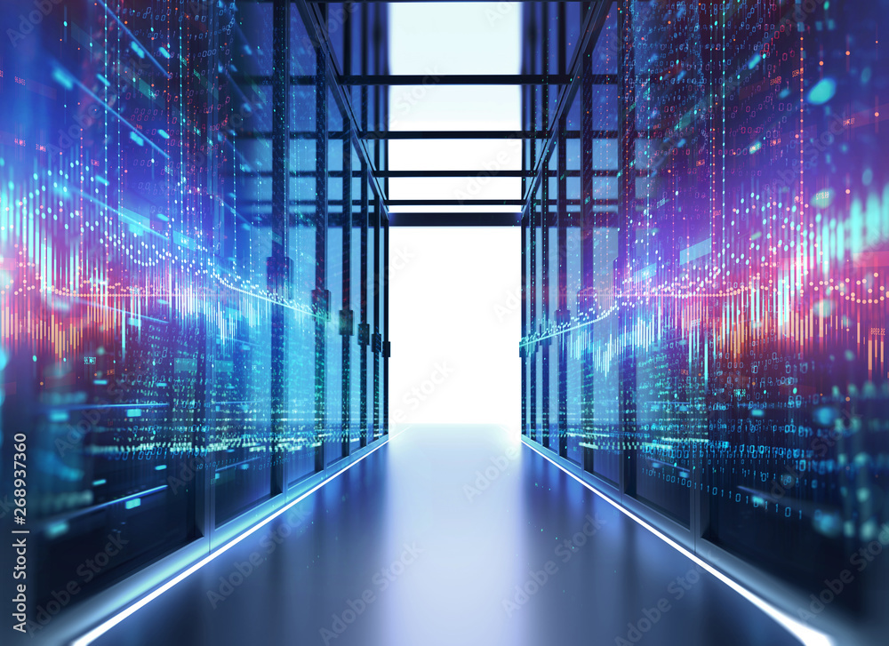 Corridor of server room 3d illustration with node base programming data ...